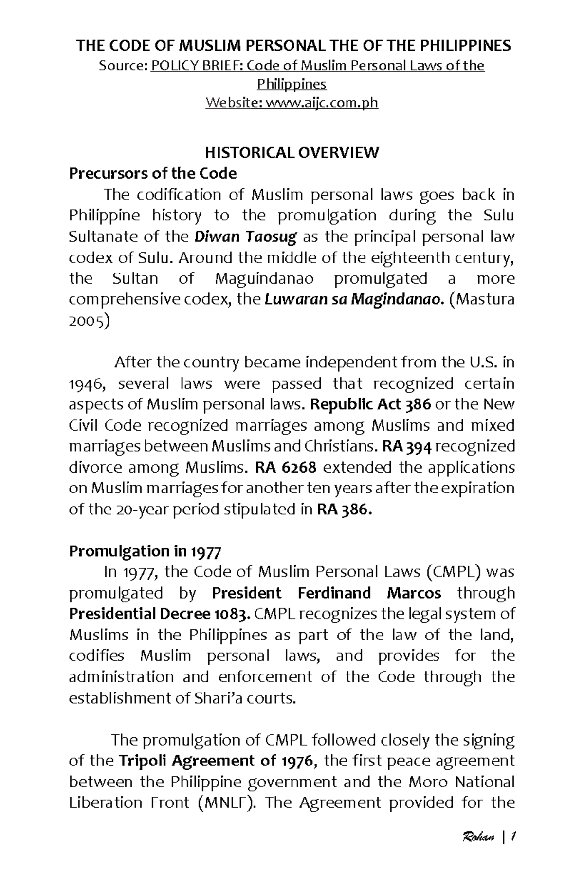 Review of the Code of Muslim Personal Laws in the Philippines - Studocu