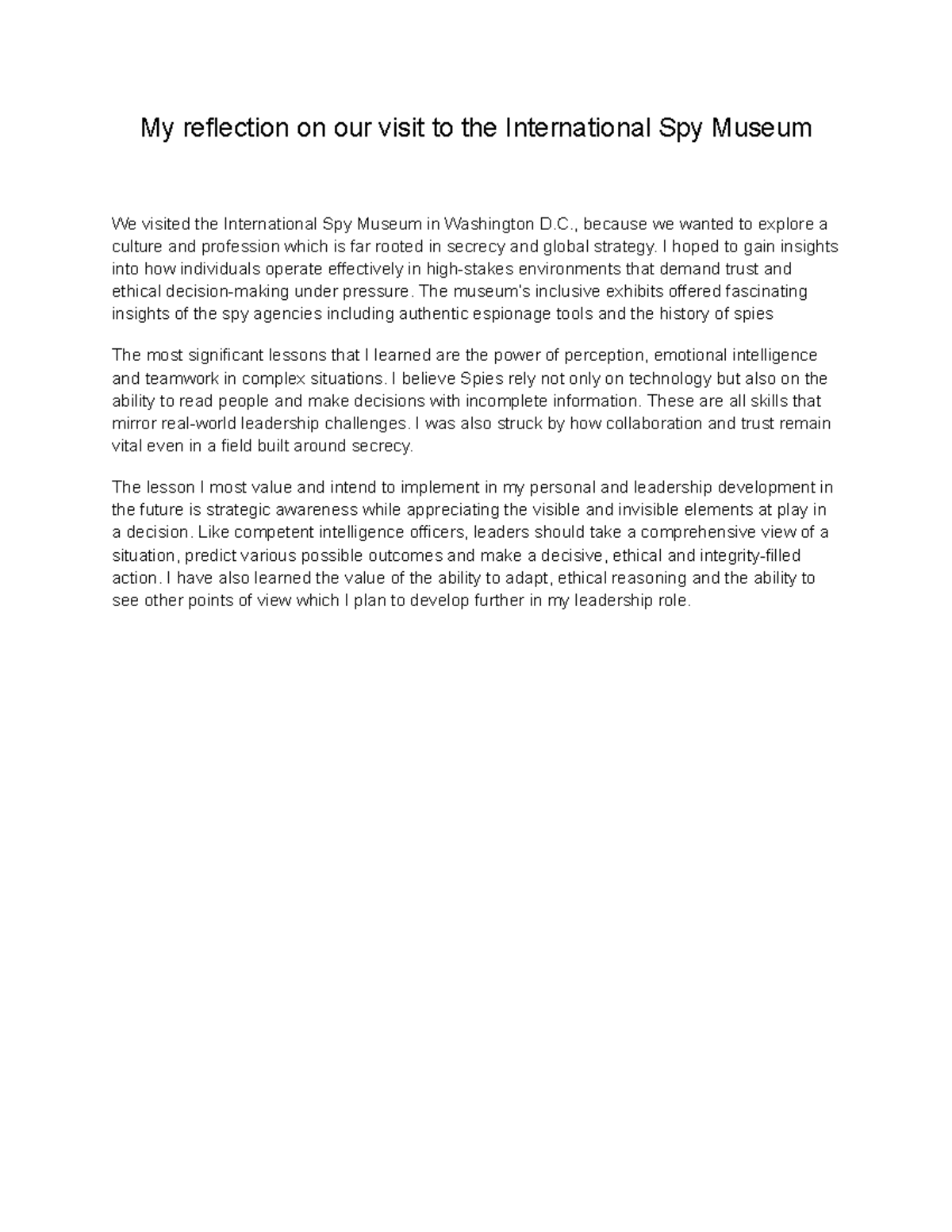 Reflection on Visit to the International Spy Museum - Studocu