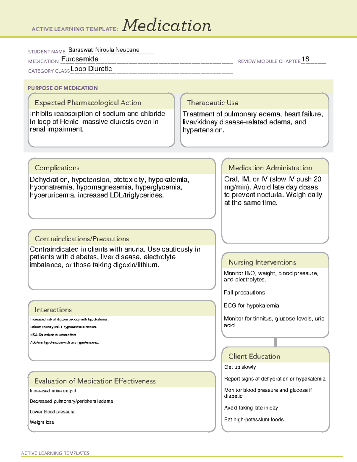 ACTIVE LEARNING TEMPLATE: Furosemide Review Module CH 18 Diuretic - Studocu