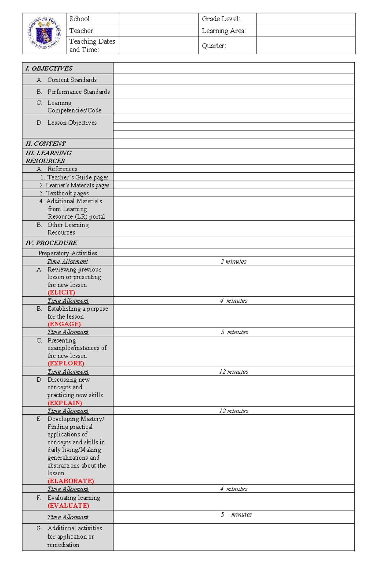 2025 Lesson Plan (Grade Level) - 7 Es Template - Studocu