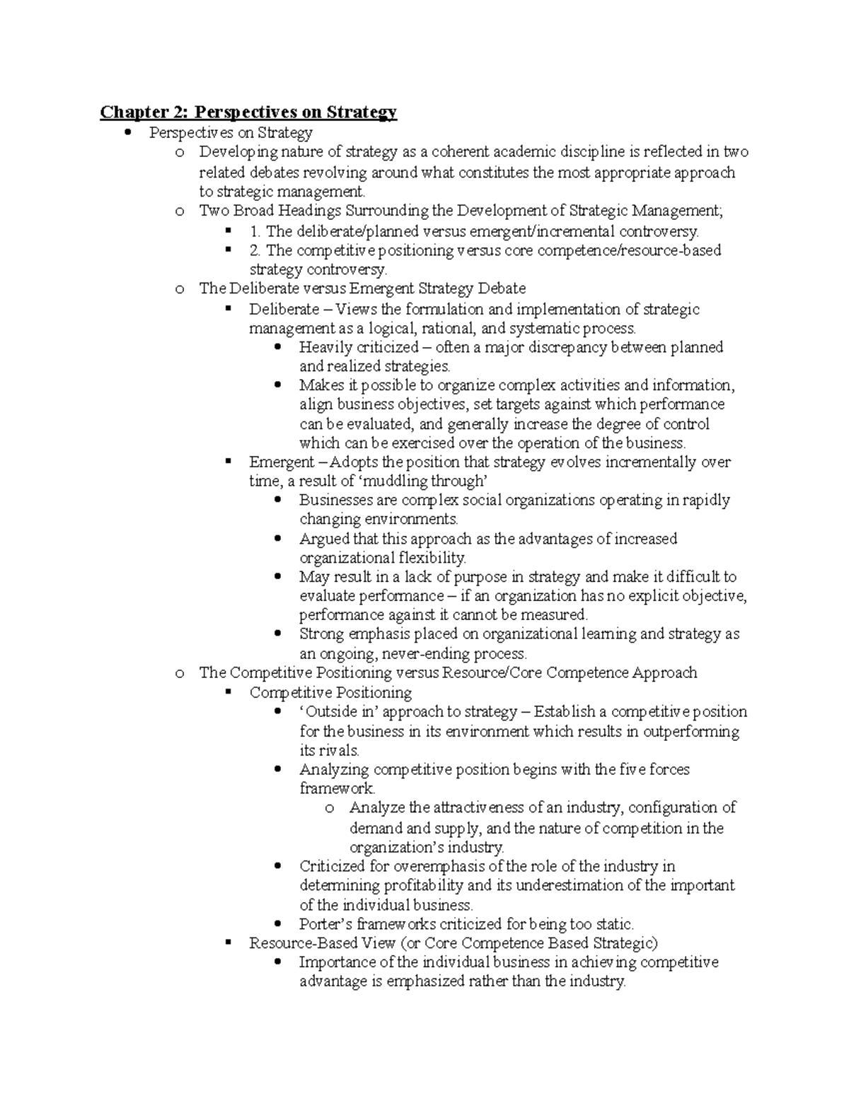 CHAPTER 2: Strategic Management Perspectives & Debates Notes - Studocu
