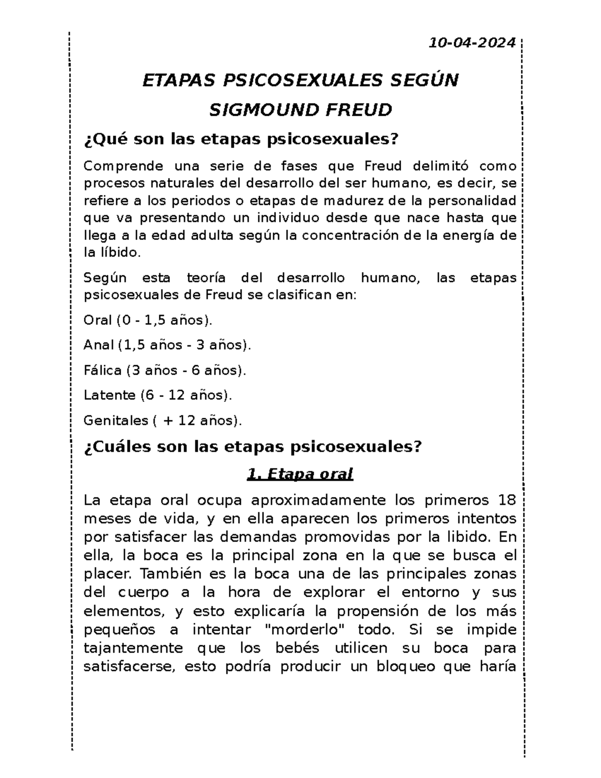 Etapas Psicosexuales según S. Freud: Desarrollo y Fases Clave - Studocu
