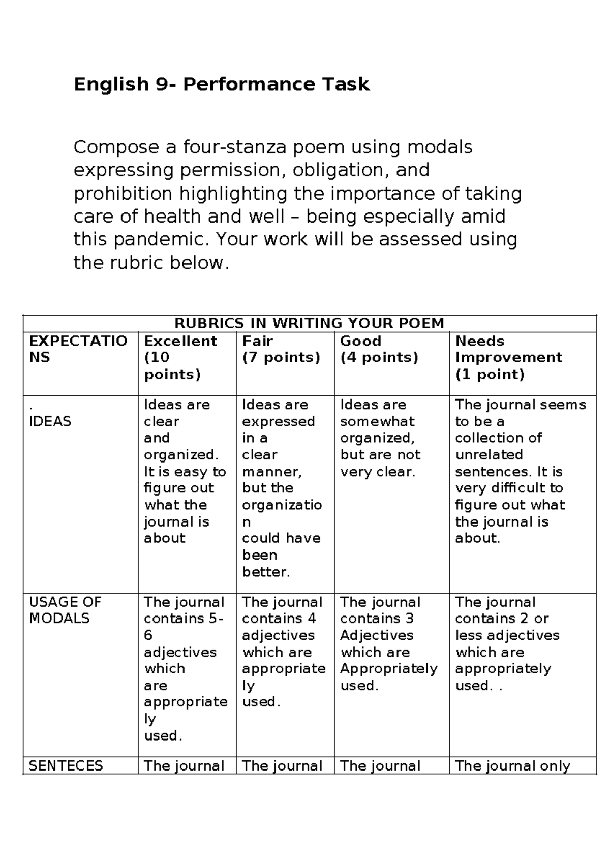 English 9 Performance Task: Poem on Health & Well-Being - Studocu