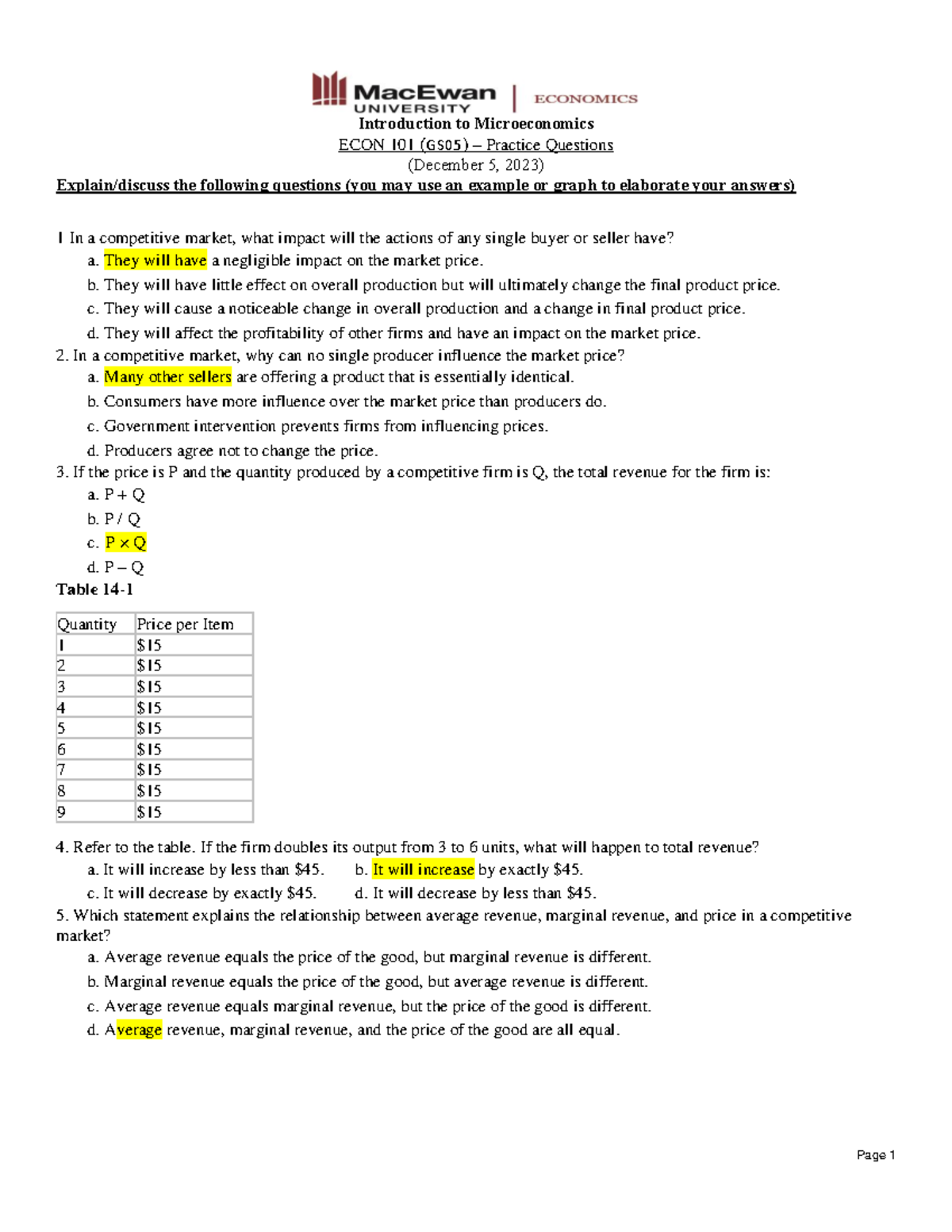 Key Answers C14 - KEY FOR ECON QUESTIONS - Introduction to ...