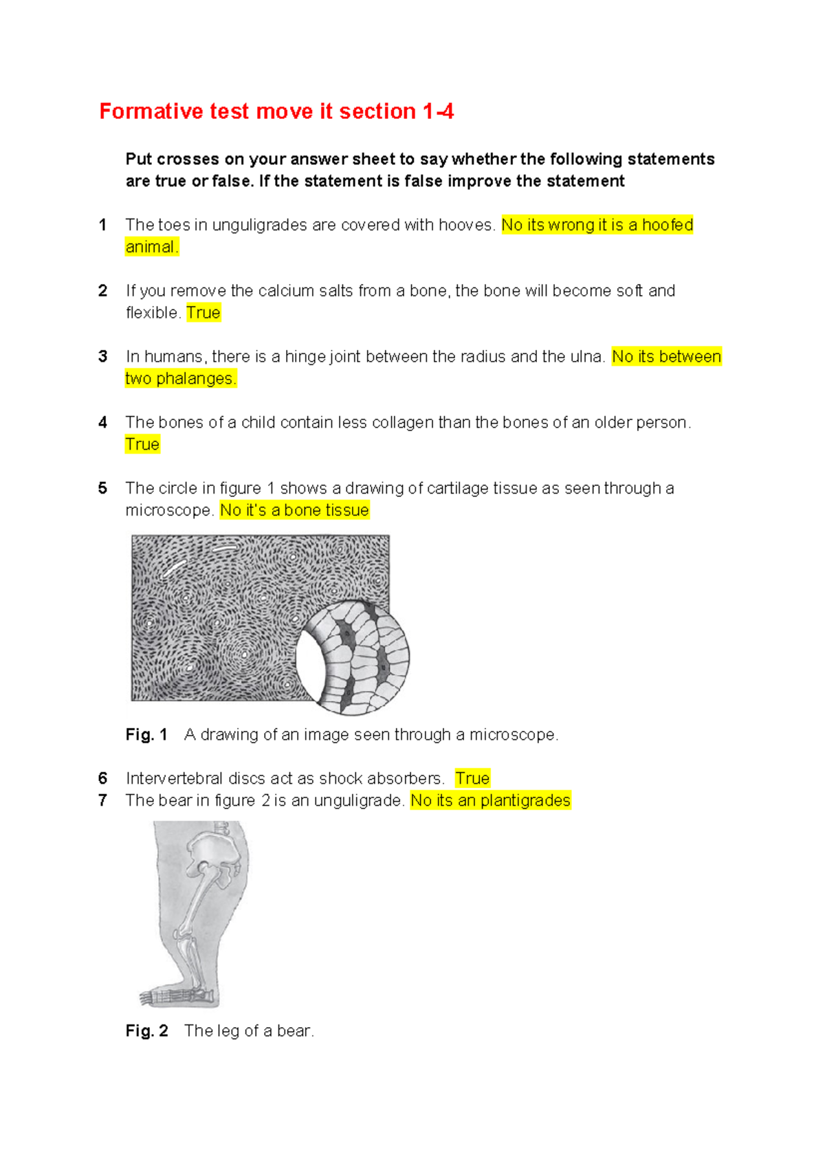 Formative Test: True/False & Multiple Choice Questions on Joints and ...