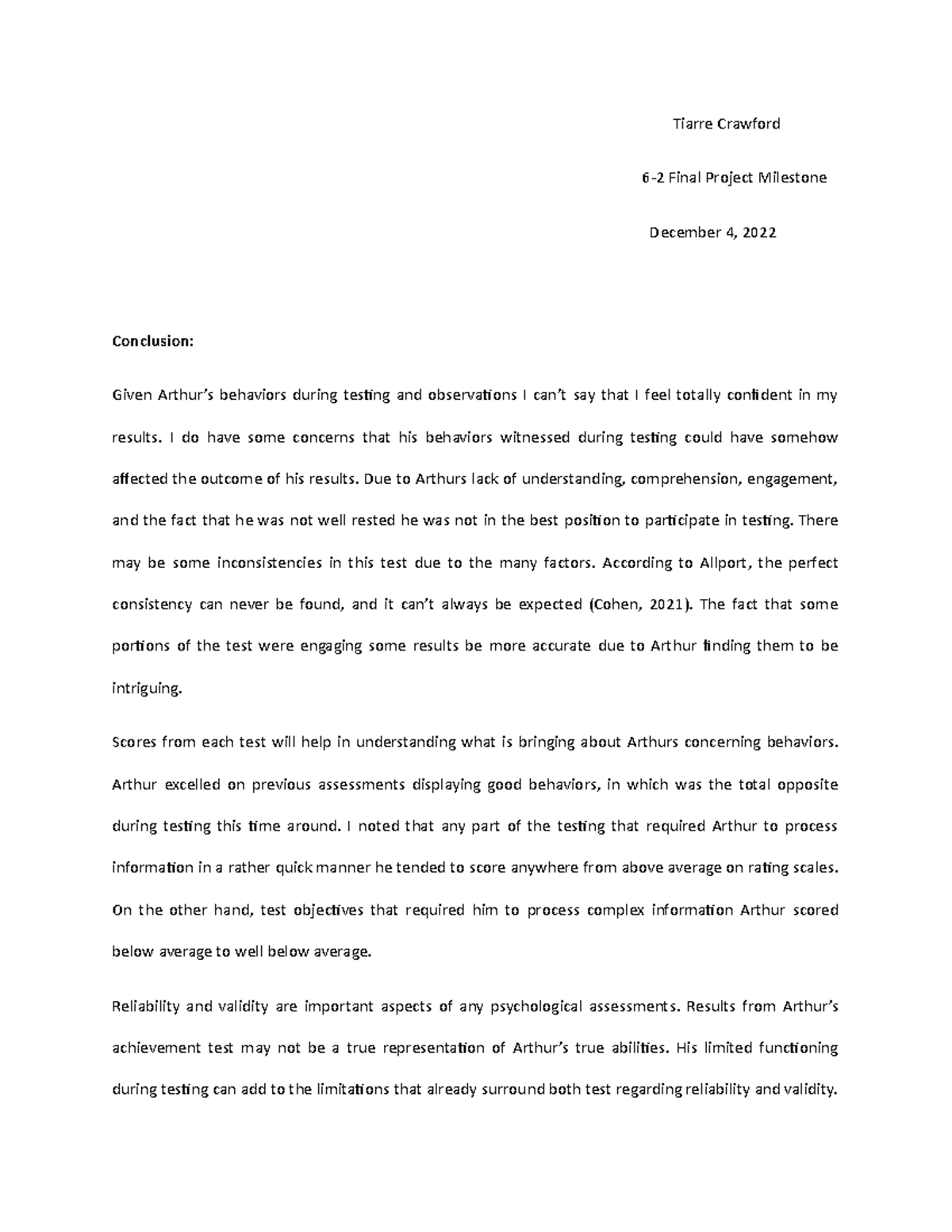 Psychological Report Conclusion - Final Project Milestone (6-2) - Studocu