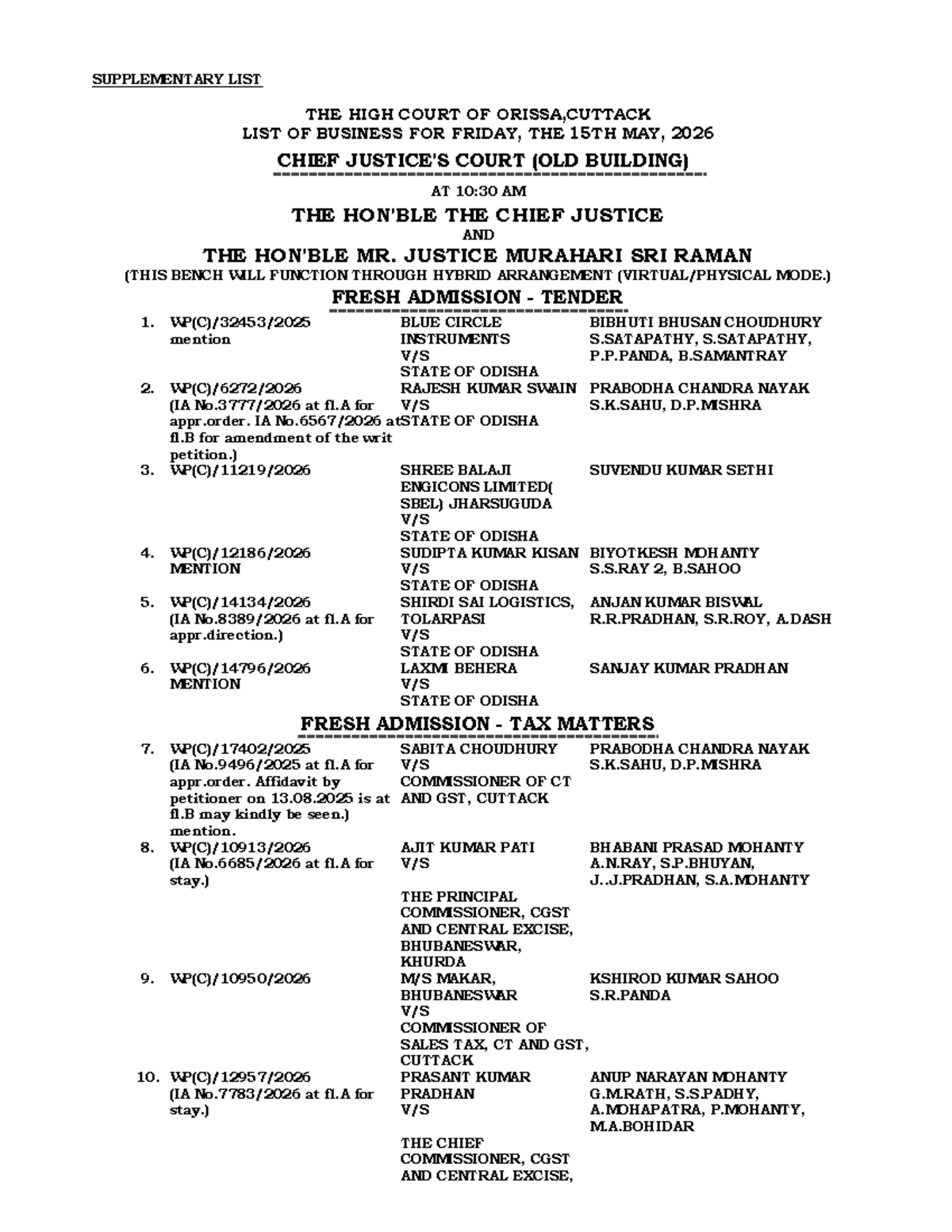 High Court of Orissa, Cuttack: Business List for May 15, 2026 - Studocu