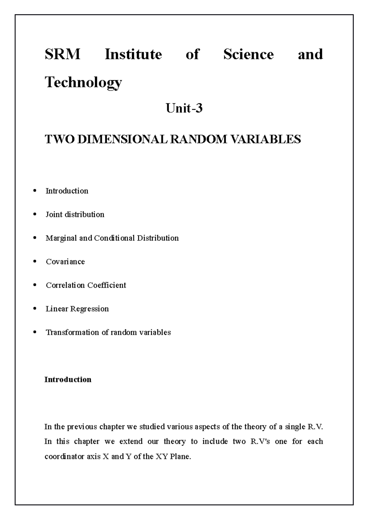 Two Dimensional Random Variables Srm Institute Of Science And