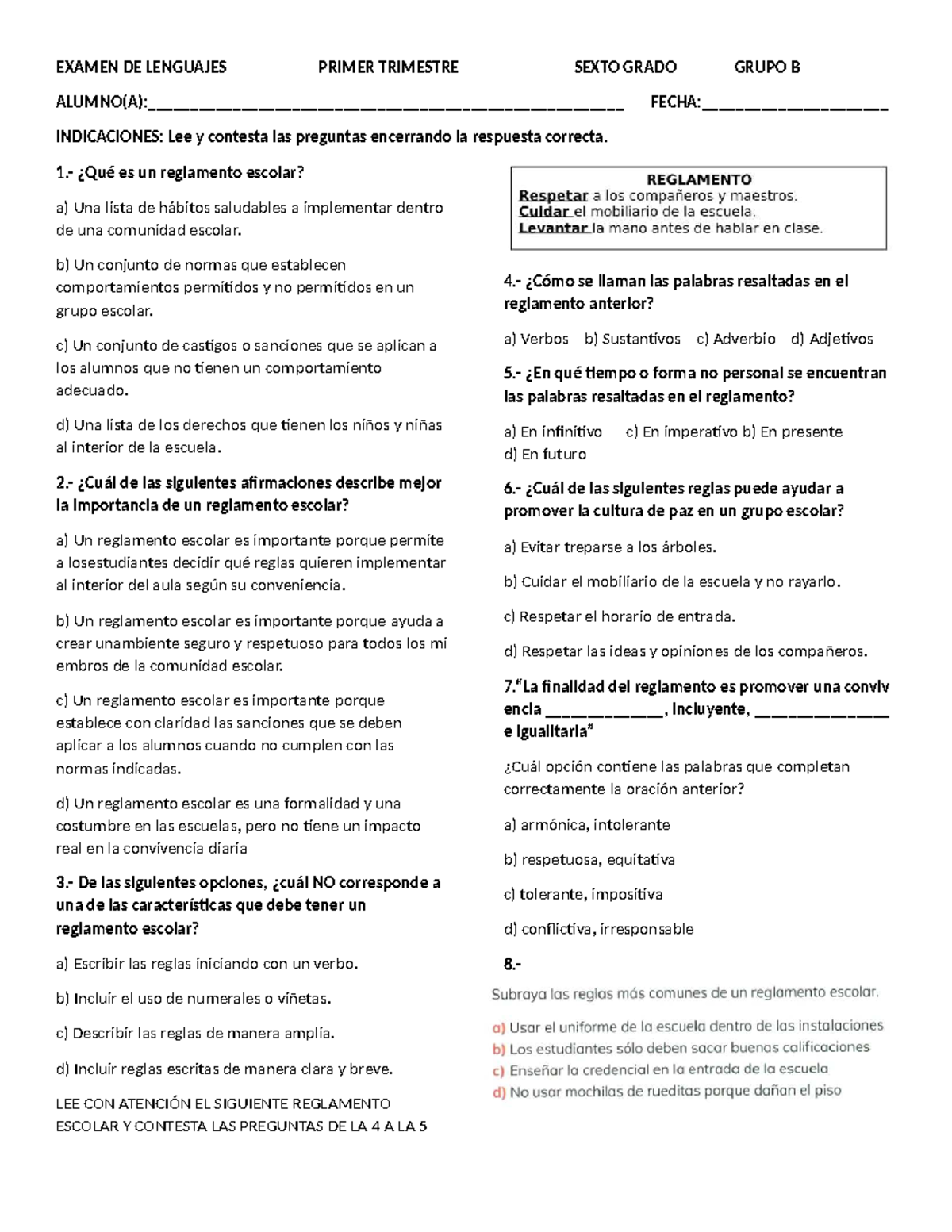 Examen de Lenguajes 6to Grado - Primer Trimestre: Preguntas y Respuestas - Studocu