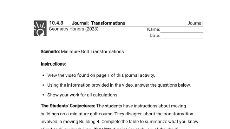 10.4.3 Journal: Miniature Golf Transformations Geometry Honors - Studocu