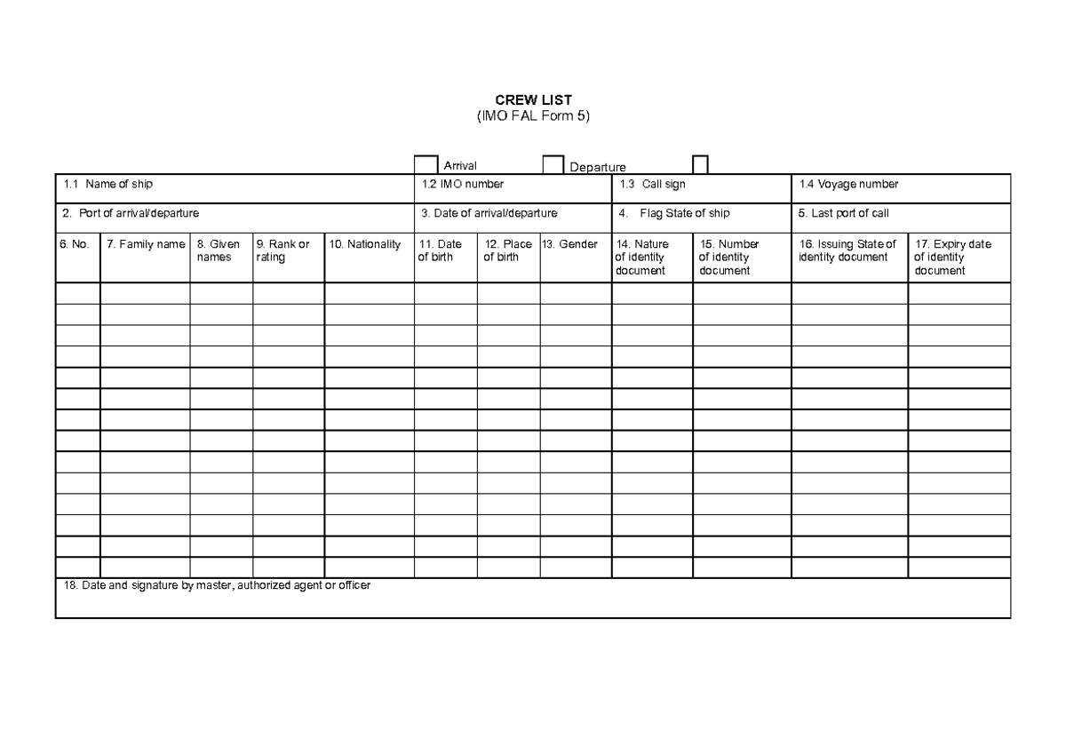 Crew List (FAL5) - fal form - CREW LIST (IMO FAL Form 5) Arrival ...