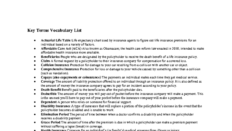 Key Terms Vocabulary List for Insurance & Health Coverage (INS101 ...
