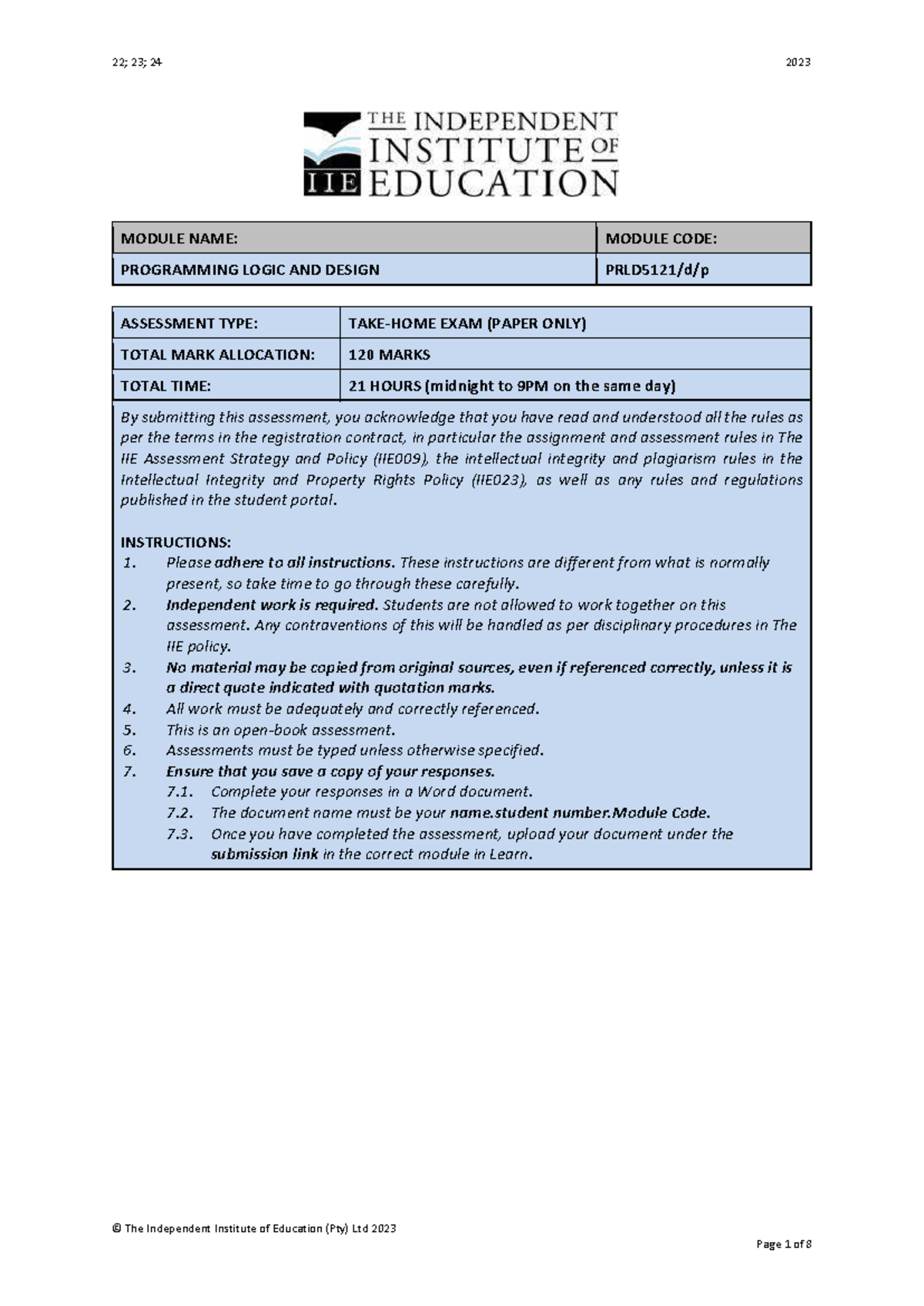PRLD5121Ea Programming Logic & Design Take-Home Exam 2023 - Studocu