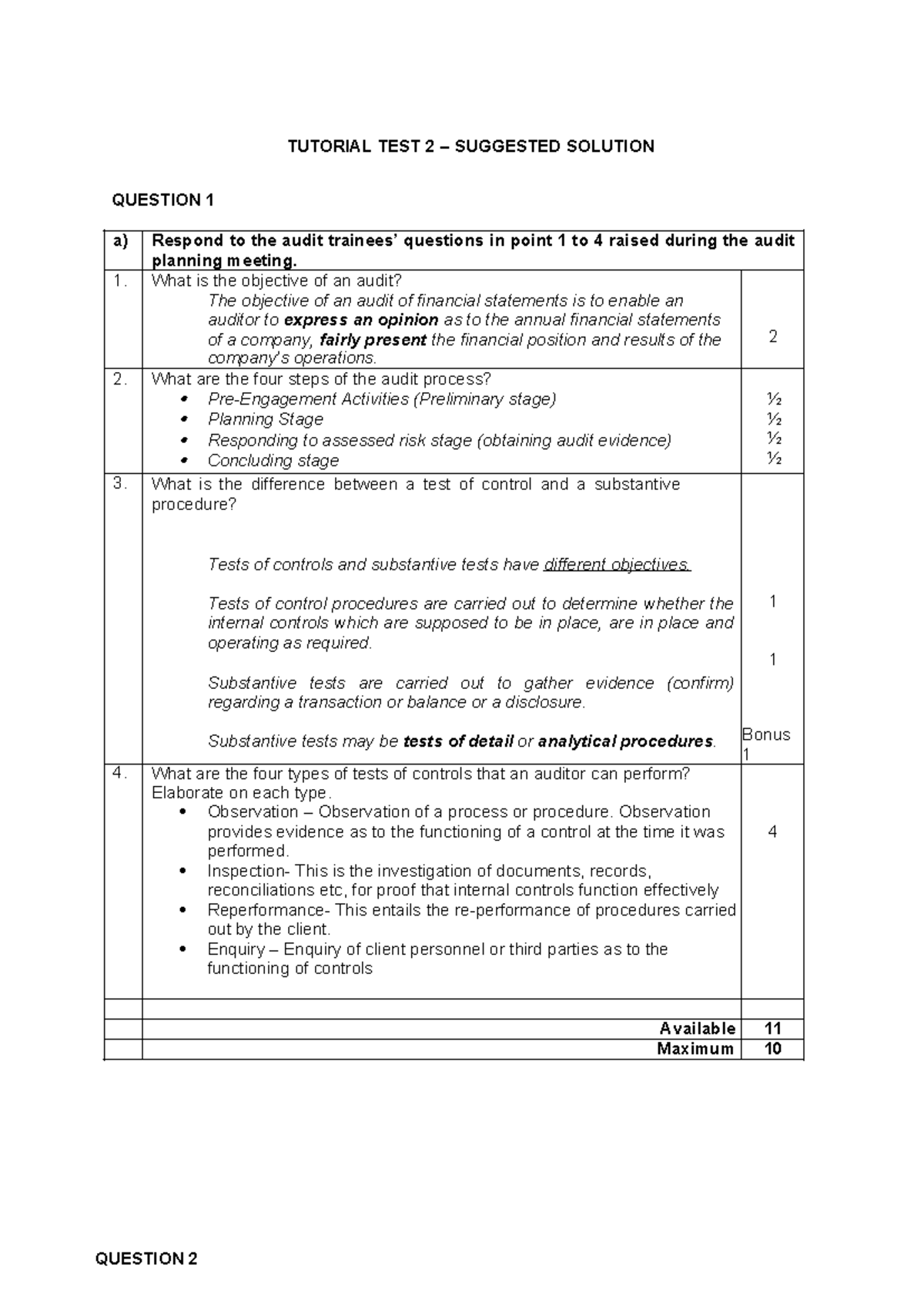 AUD221E Tutorial Test 2 - Suggested Solutions and Recommendations - Studocu