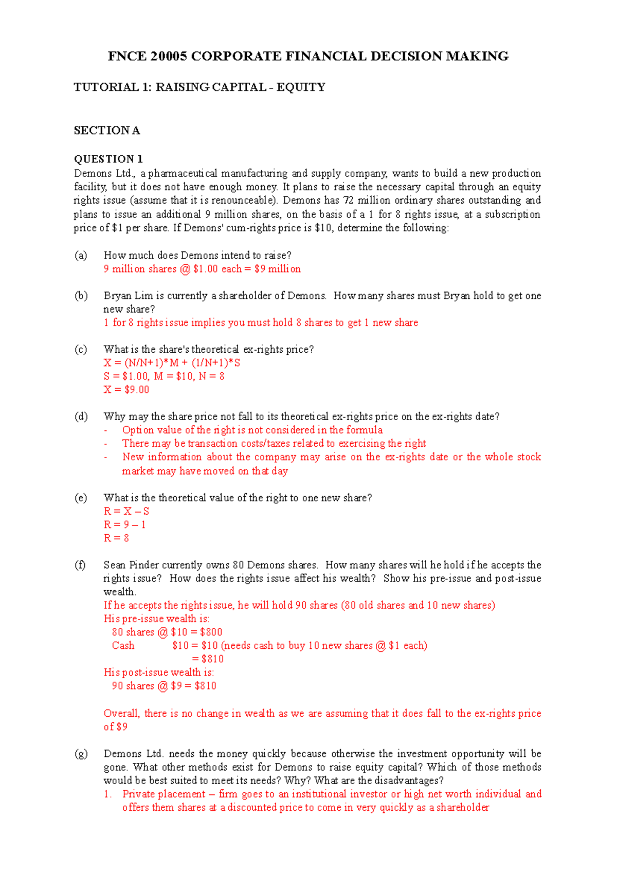 FNCE Corporate Financial Decision Making Tutorial 1: Capital Raising ...