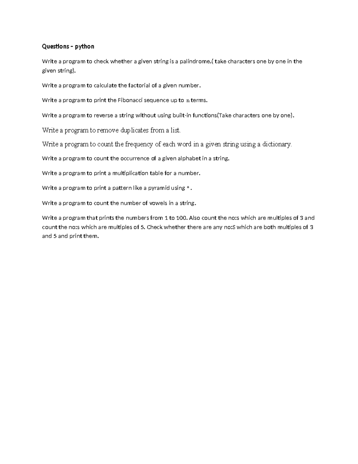 Python Programming Exercises: Palindrome, Factorial, Fibonacci, and ...