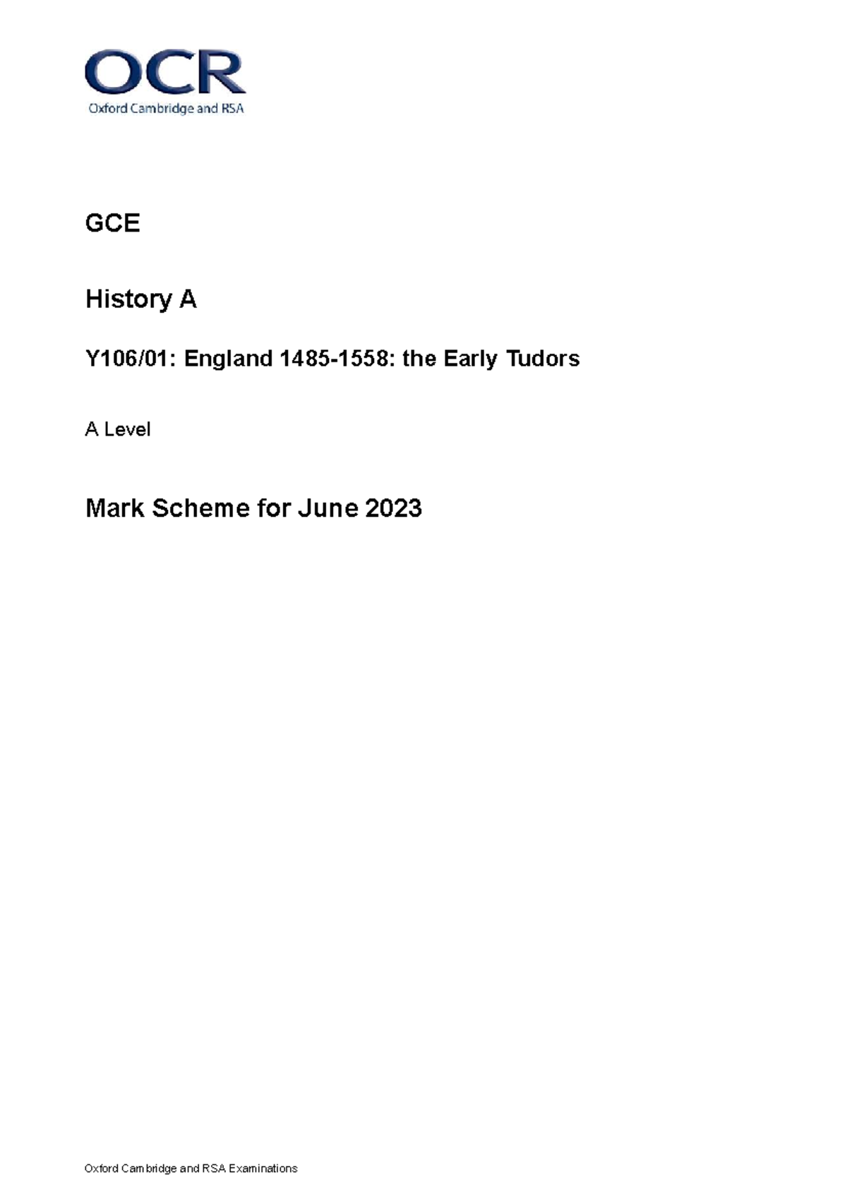 GCE History A Level Mark Scheme: Early Tudors June 2023 - Studocu