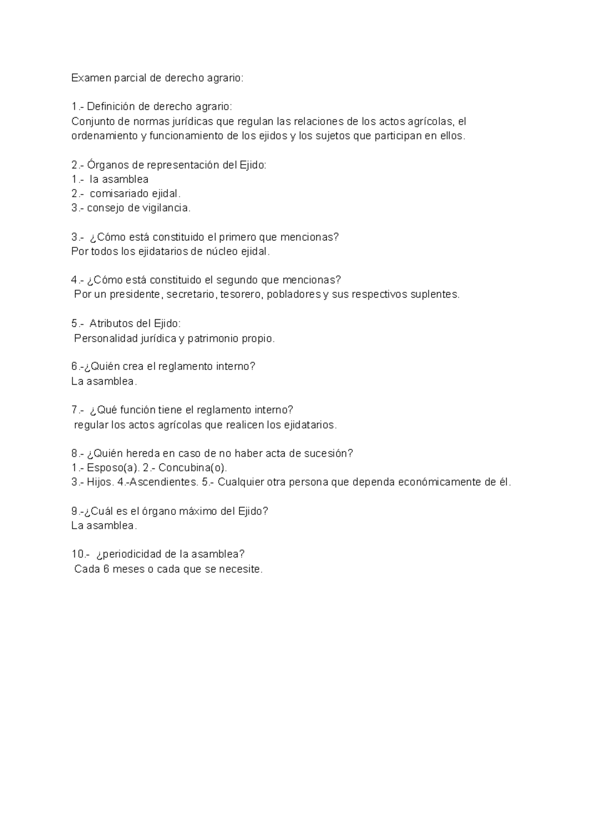Examen Parcial de Derecho Agrario - Conceptos y Estructura Ejidal - Studocu