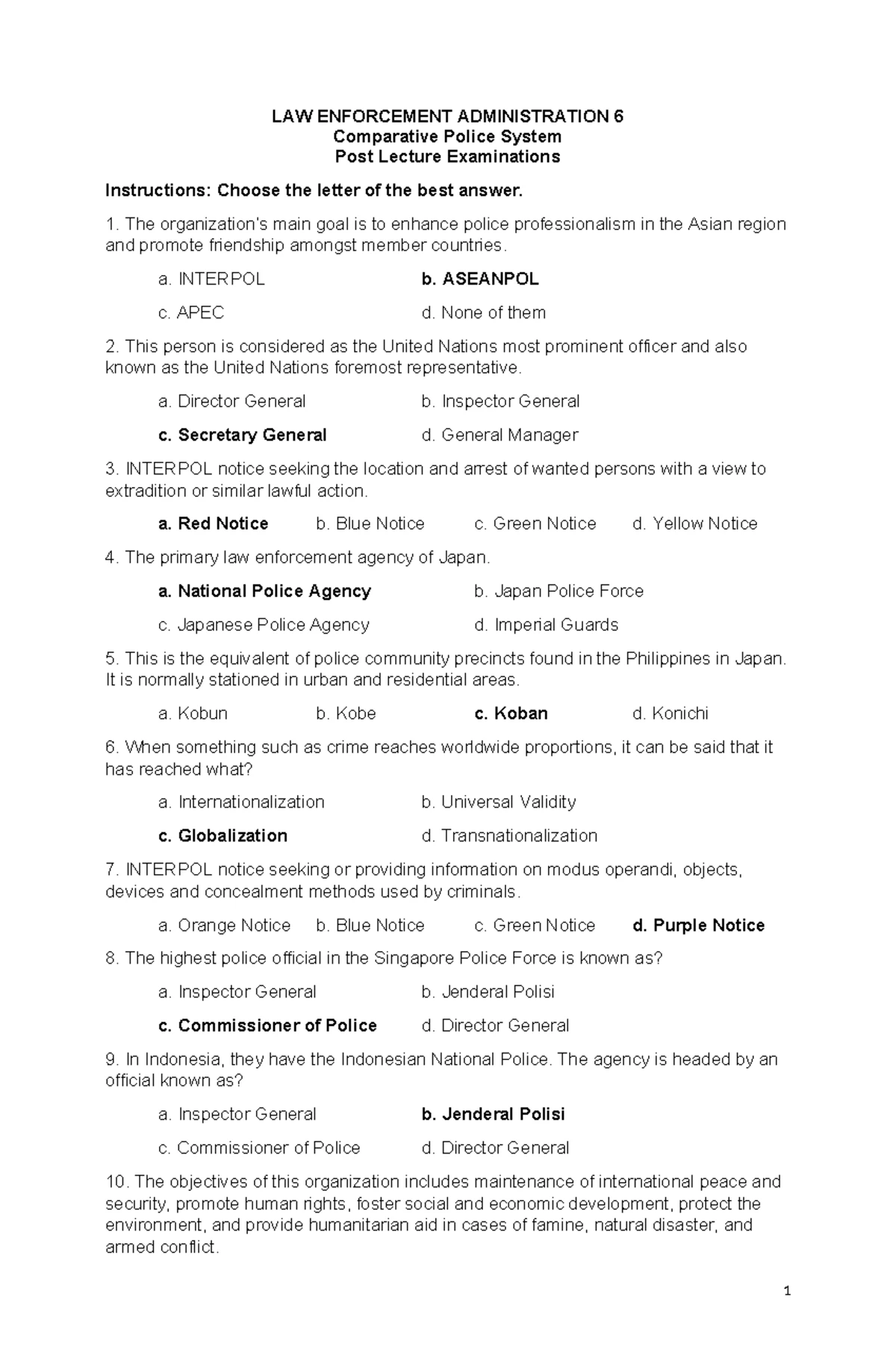 LAW ENFORCEMENT ADMINISTRATION 4 Police Intelligence Post-Lecture Exam ...