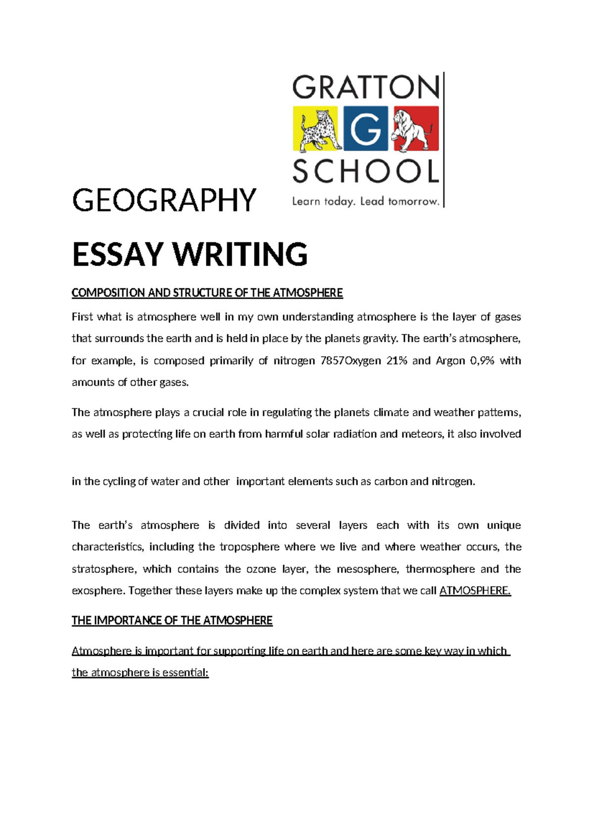 Geography Grade 10 Essay: Composition and Importance of the Atmosphere ...