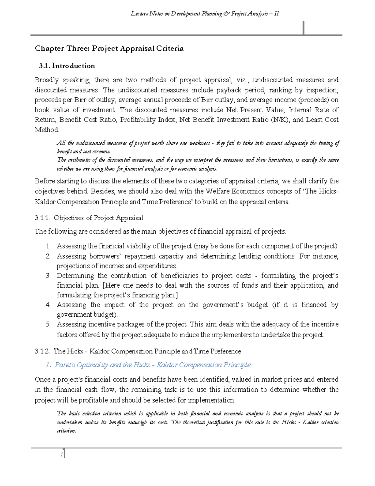 Project chapter 3 - Lecture Notes on Development Planning Project ...