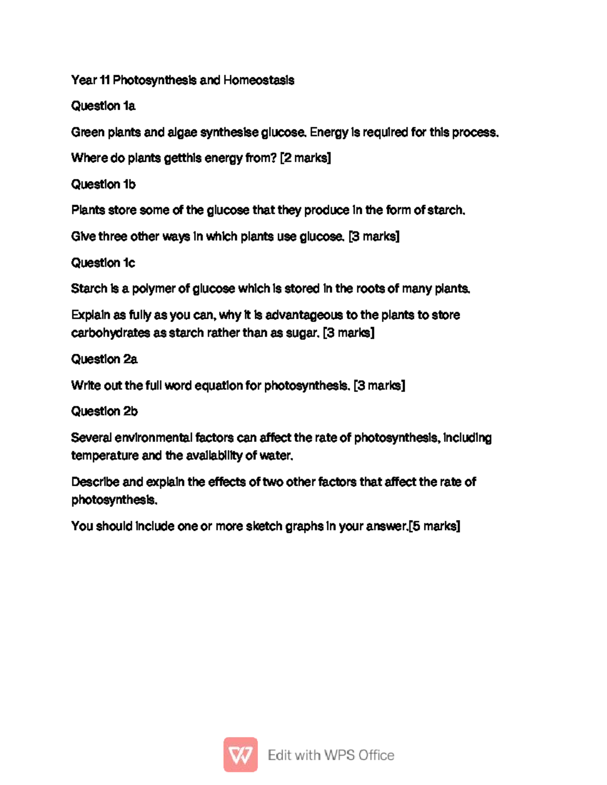 Year 11 Photosynthesis & Homeostasis Study Guide - Studocu