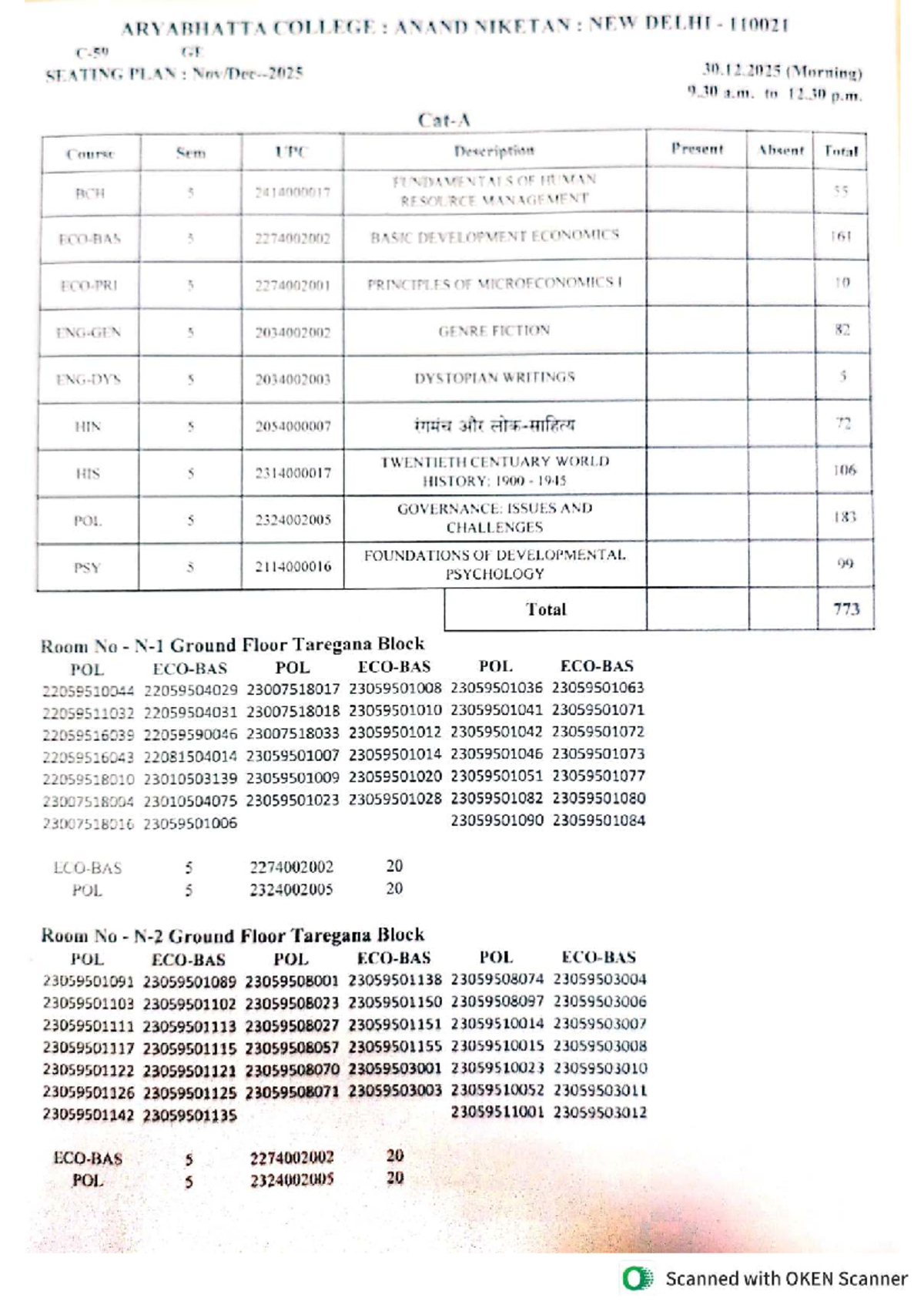 ARYABHATTA COLLEGE GE Seating Plan for 30.12.2025 (Morning) - Studocu
