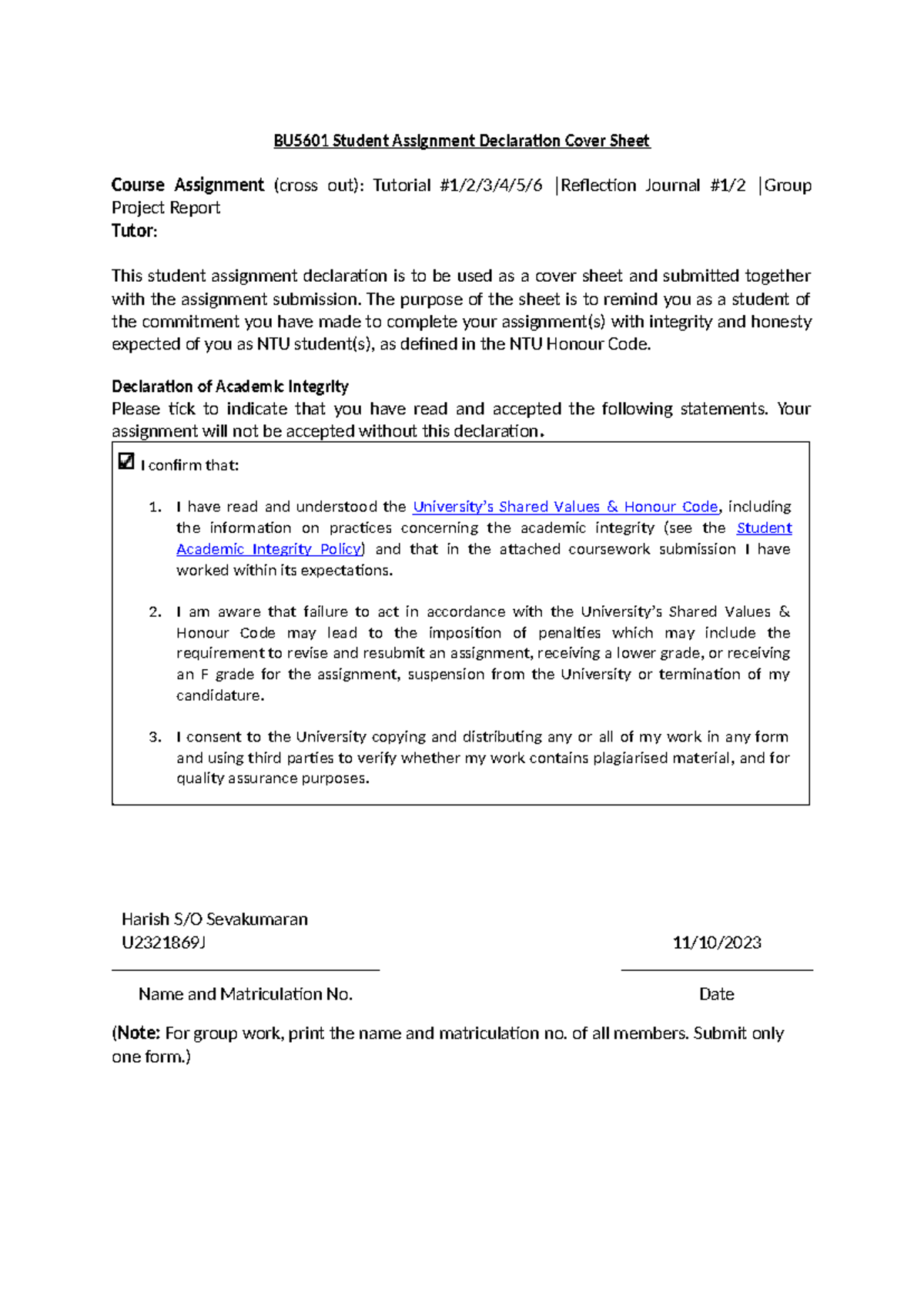 Assignment 4 BU5601 - BU5601 Student Assignment Declaration Cover Sheet Course Assignment (cross ...