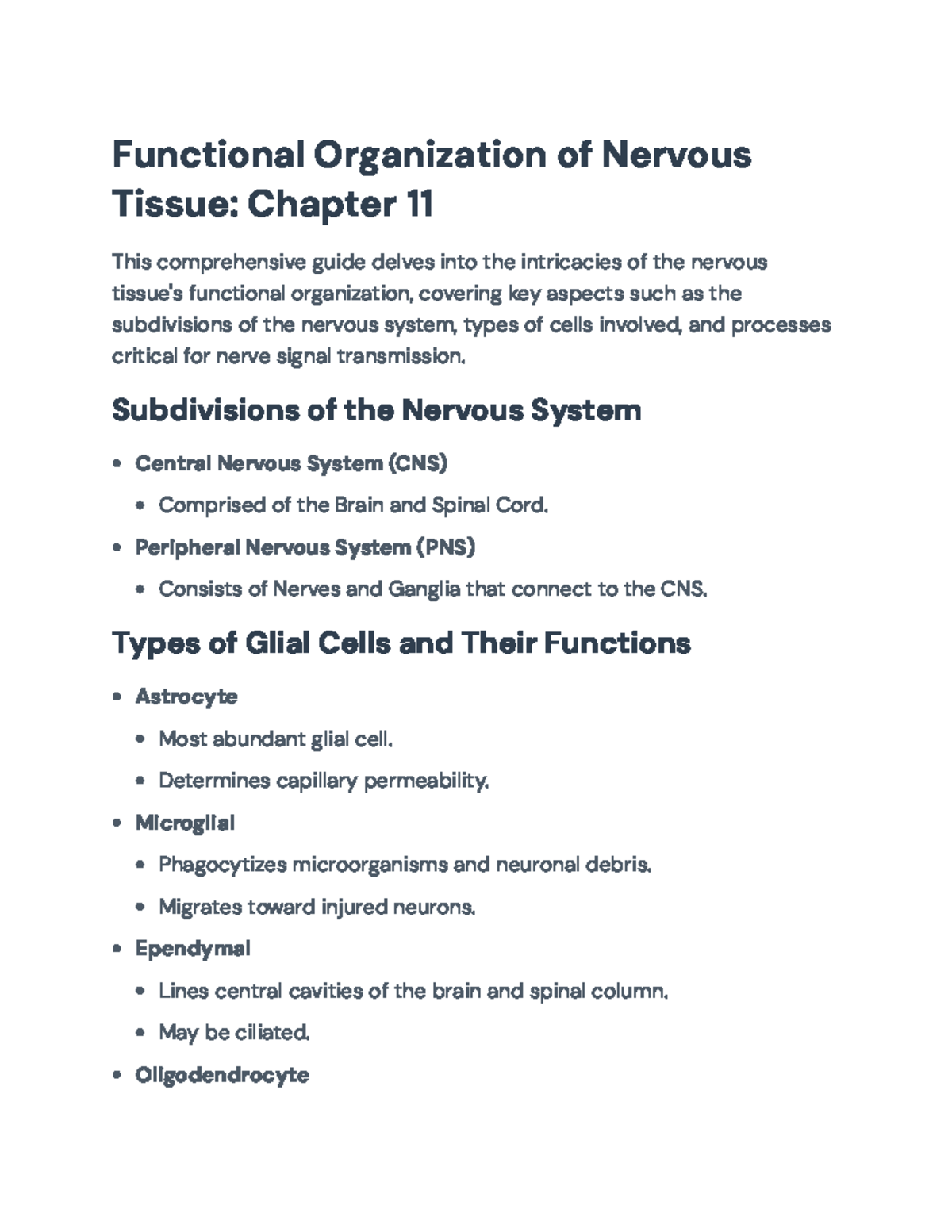 Functional Organization of Nervous Tissue: Chapter 11 Overview ...