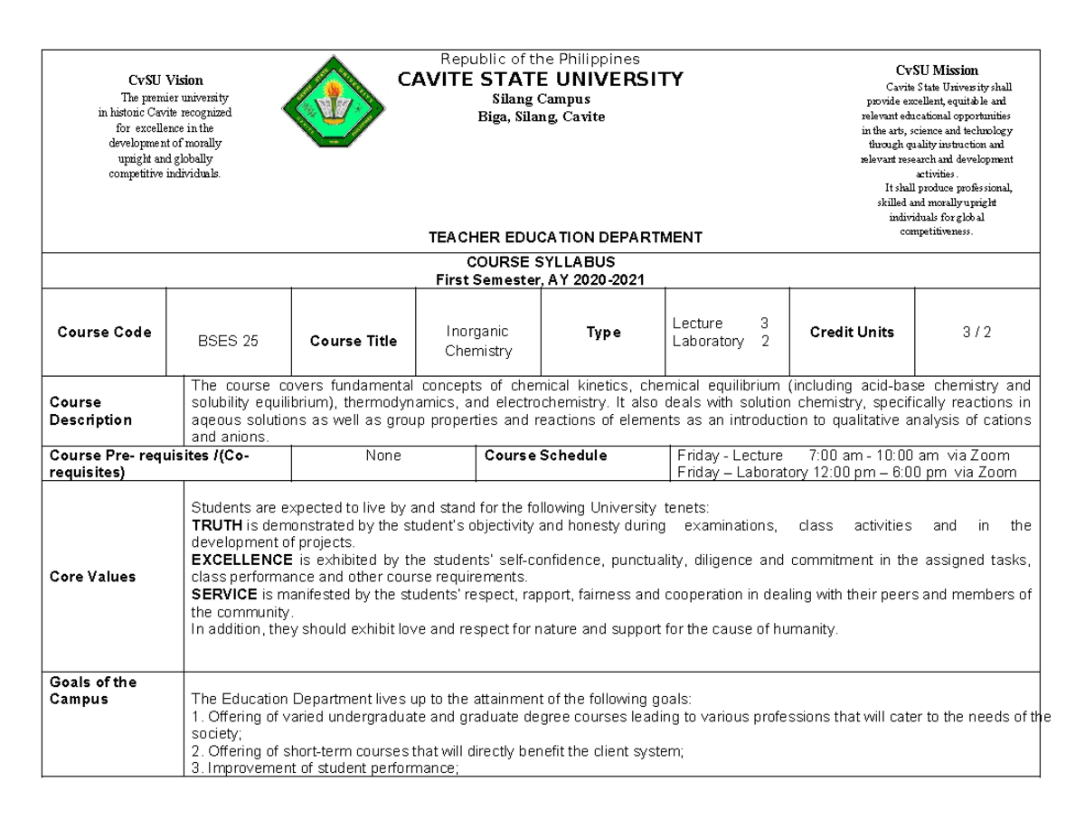 BSES 25 - Inorganic Chemistry Course Syllabus for AY 2020-2021 - Studocu