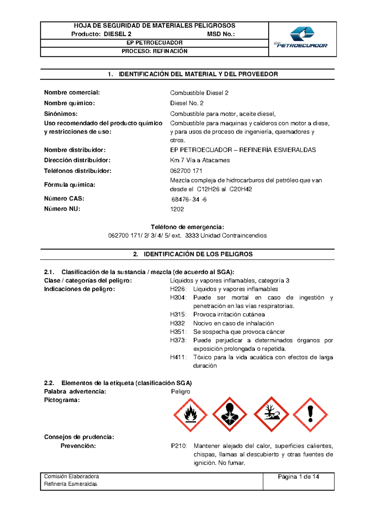 MSDS Diesel No. 2 - EP Petroecuador - Información de Seguridad - Studocu