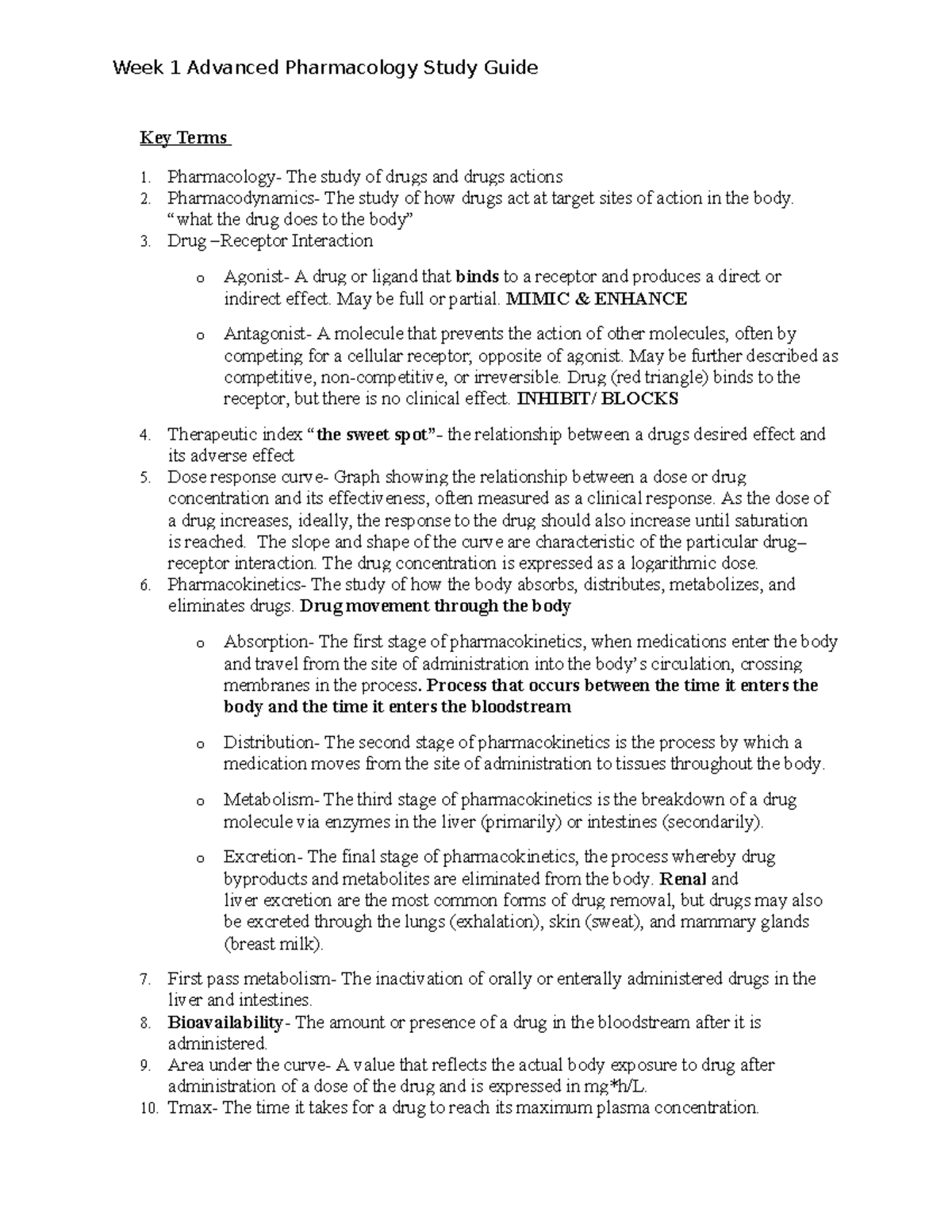 Week 1 Advanced Pharmacology Study Guide: Key Terms and Concepts - Studocu