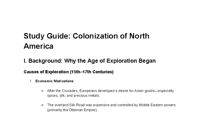 Study Guide: Colonization of North America I (HIST 101) - Studocu