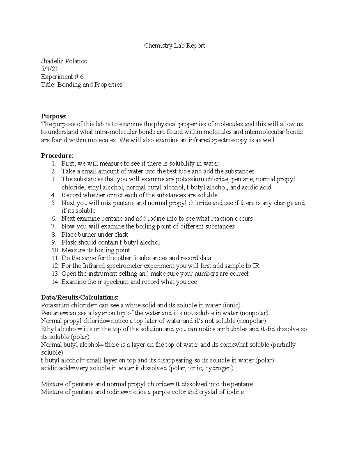 Chem 101 Lab Report 6: Bonding & Properties Analysis - Studocu