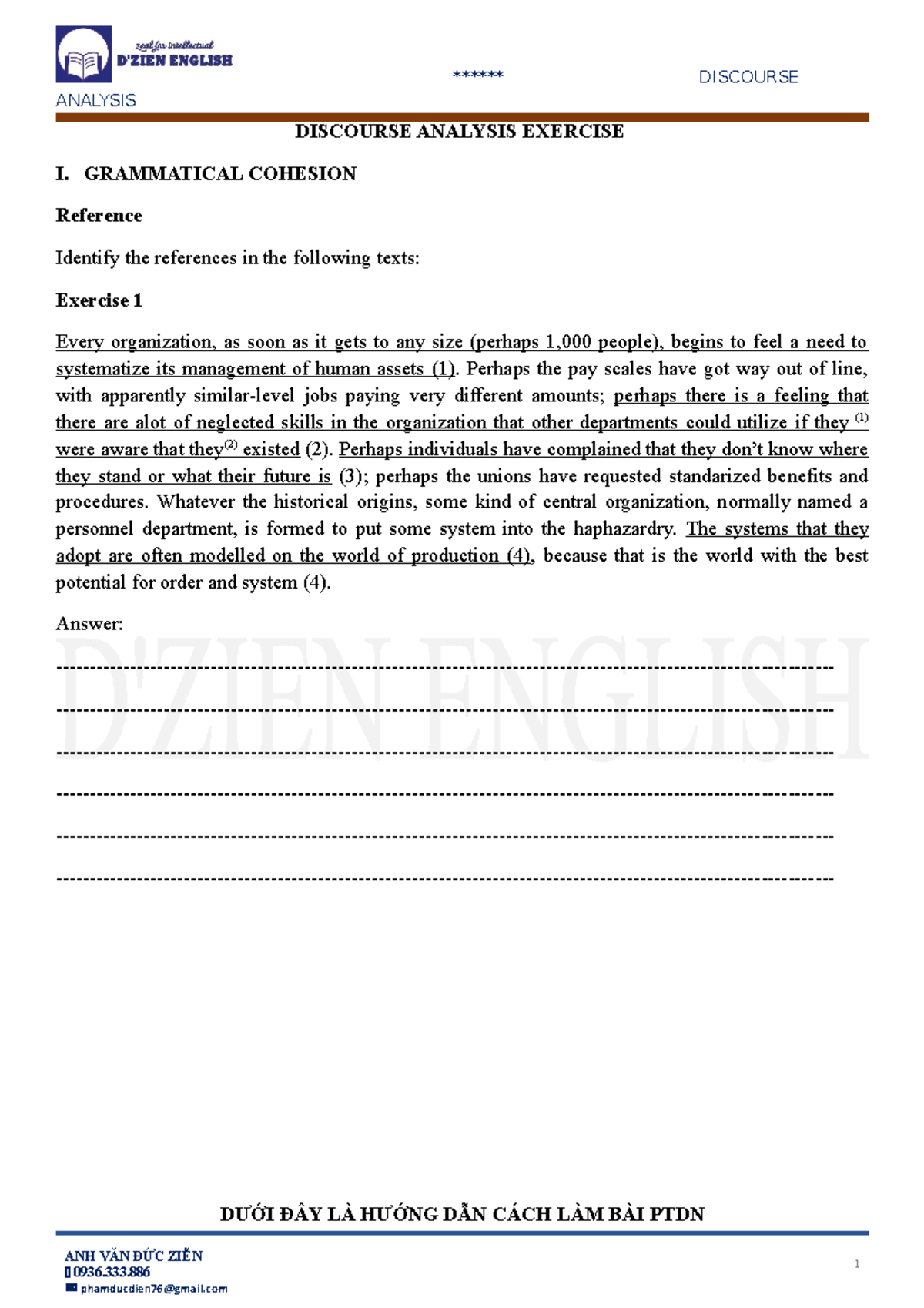 Practice Exercise Cohesion 2 - ANALYSIS DISCOURSE ANALYSIS EXERCISE I ...