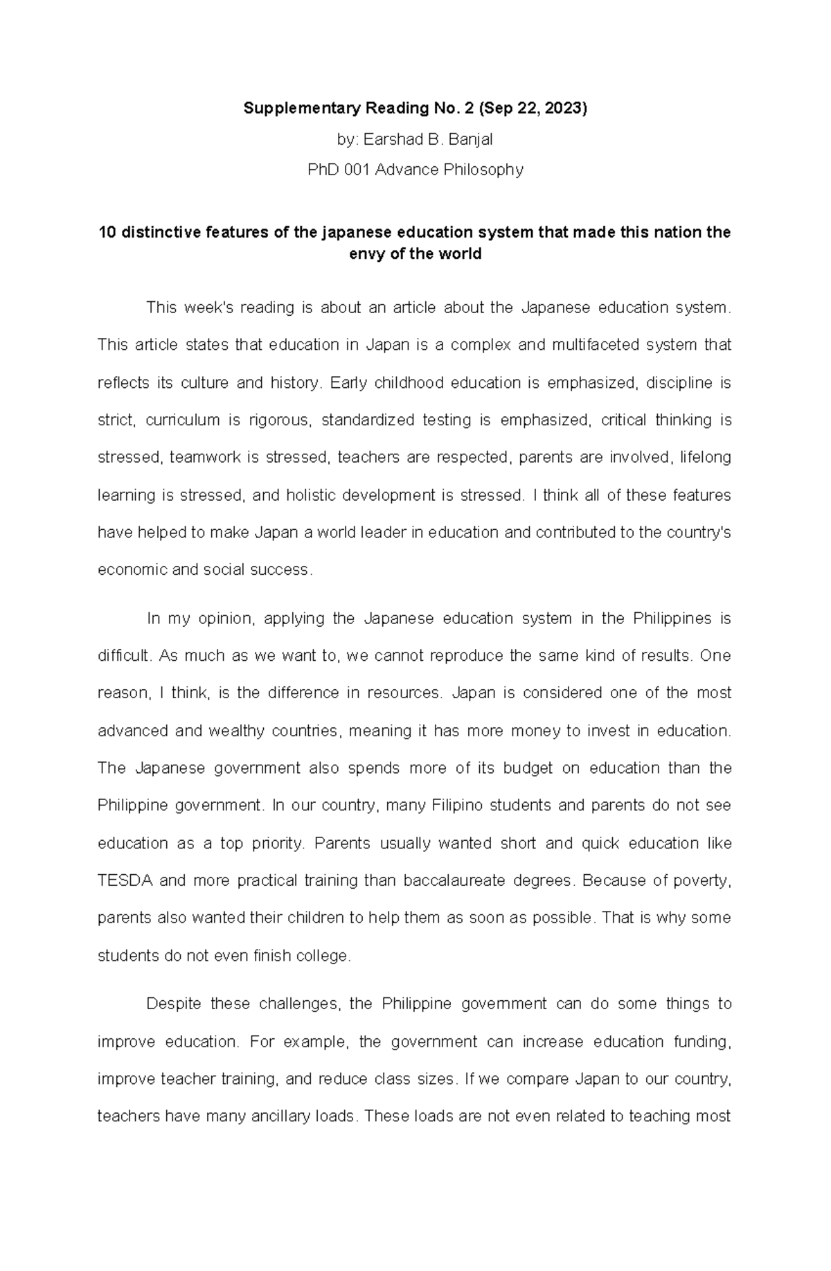 PhD 001: Supplementary Reading 2 on Japanese Education Features - Studocu