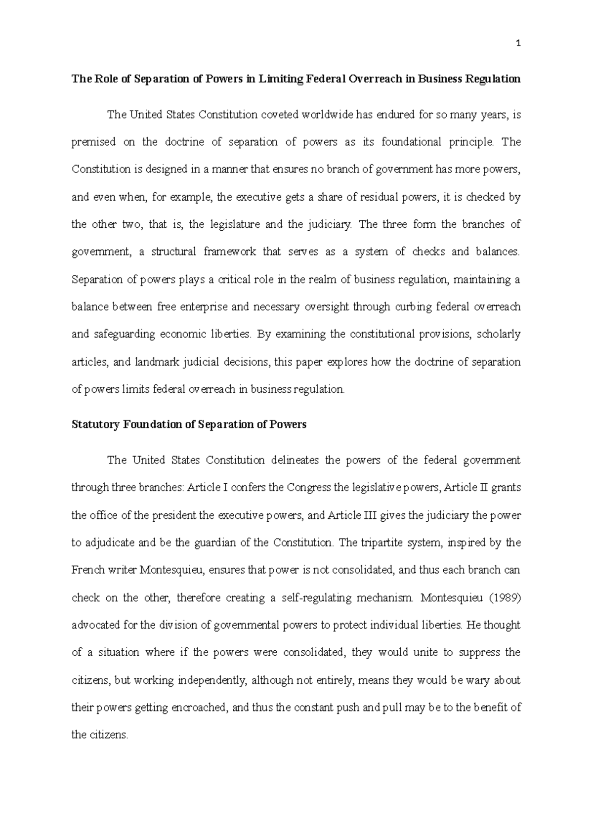The Role of Separation of Powers in Limiting Federal Overreach: Week 7 ...