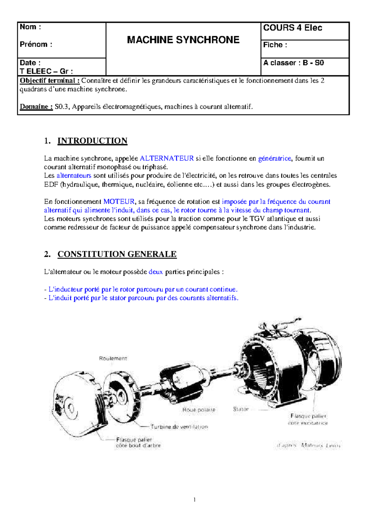 Cours 4 ELEEC - Machine Synchrone : Caractéristiques et Fonctionnement ...