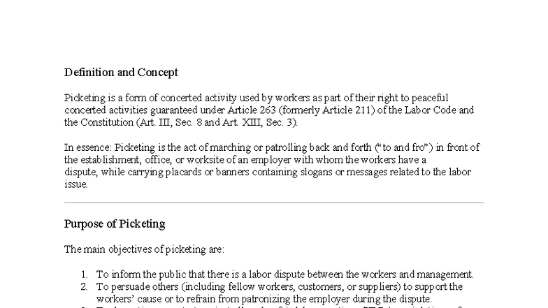 Picketing: Definition, Purpose, and Legal Aspects (Labor Code) - Studocu