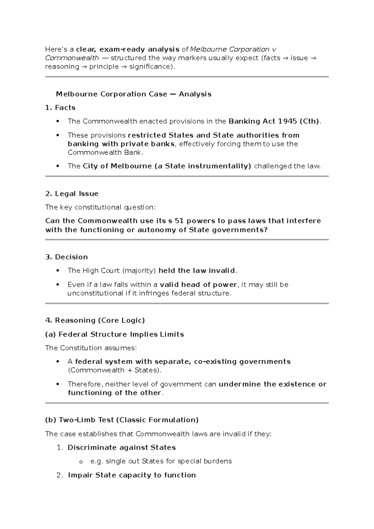 Melbourne Corporation v Commonwealth Case Analysis (Legal Study) - Studocu