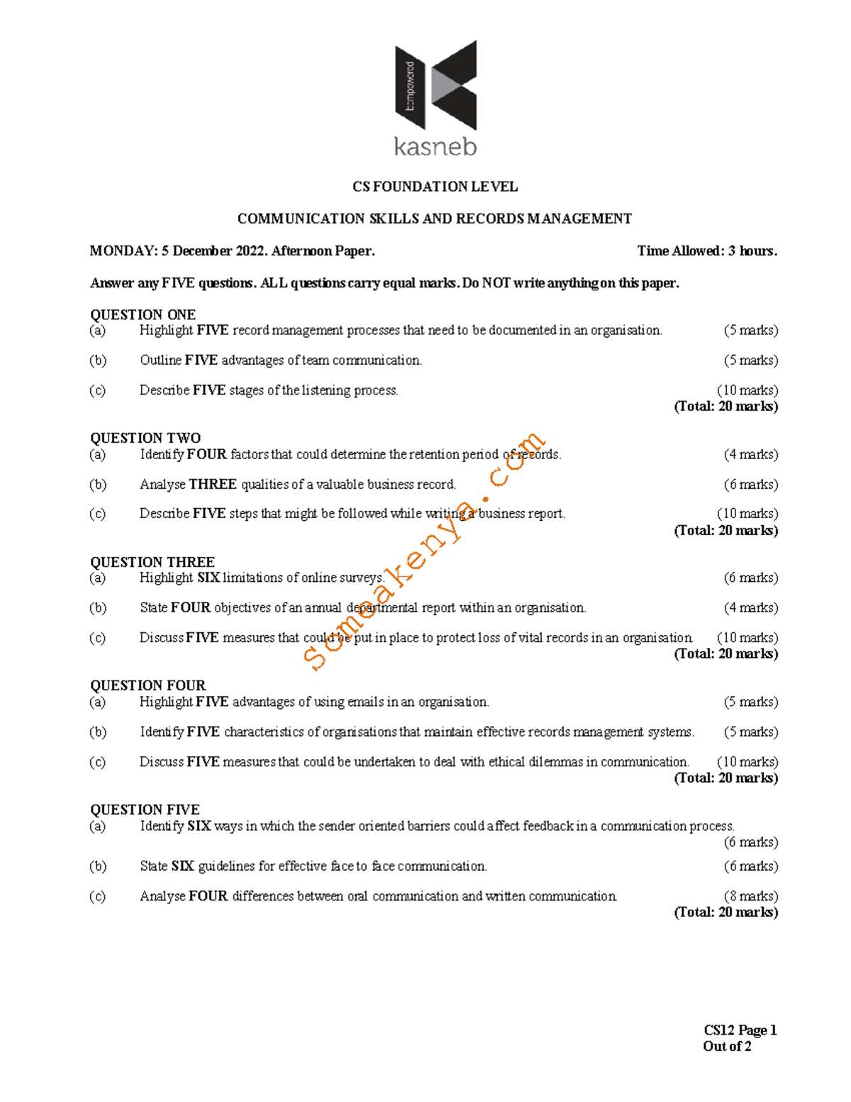 CS12 Communication Skills & Records Management: Exam Questions - Studocu