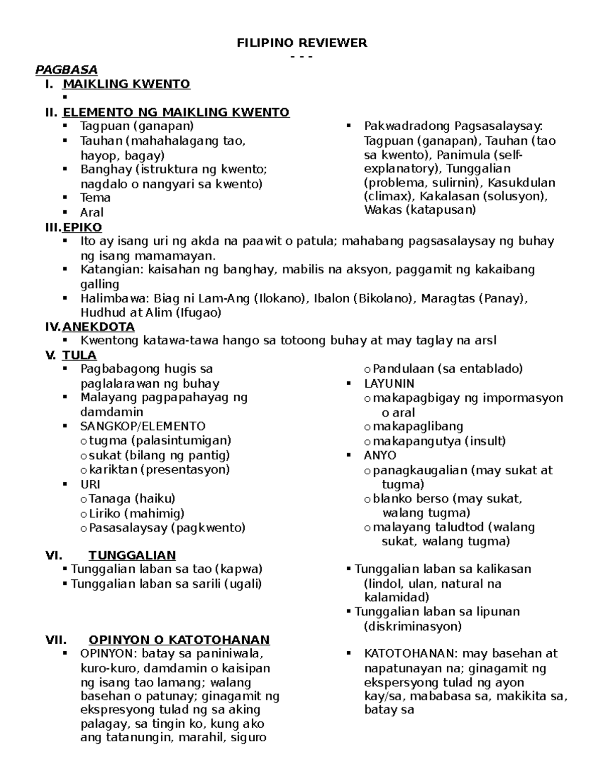 FILIPINO 101: Sanaysay at Talumpati Reviewer - Studocu