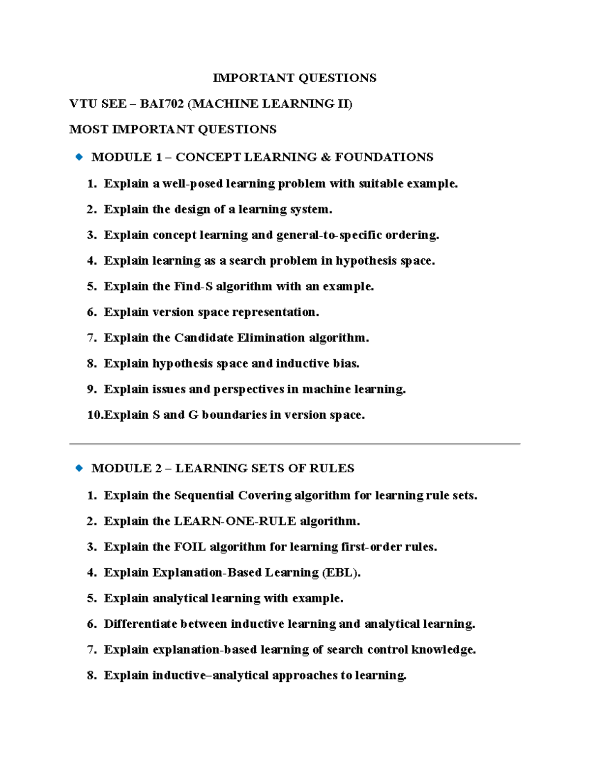 BAI702 Machine Learning II: Important Questions & Concepts - Studocu