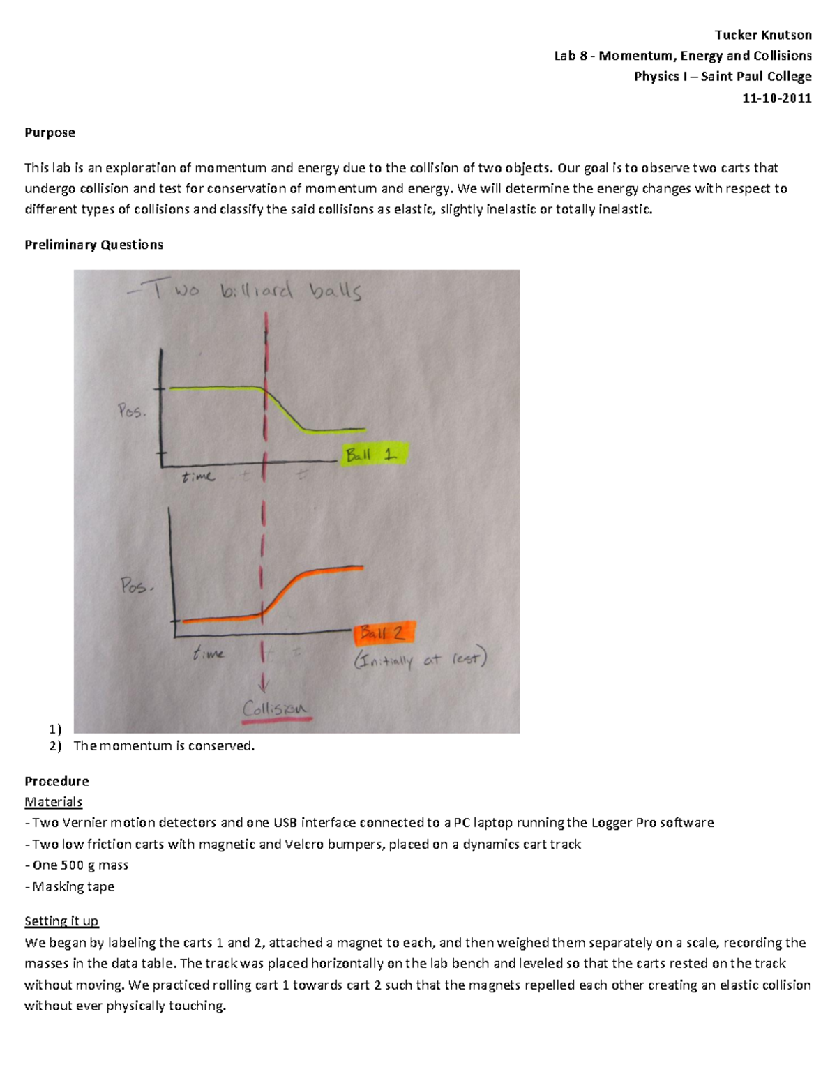 Summary - Lab 8 - Momentum, Energy and Collisions - Tucker Knutson Lab ...