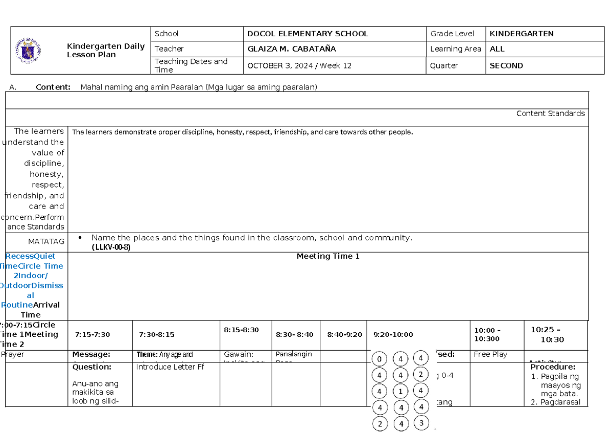 Kinder-New-DLL week12 day4 - Kindergarten Daily Lesson Plan School DOCOL ELEMENTARY SCHOOL Grade ...