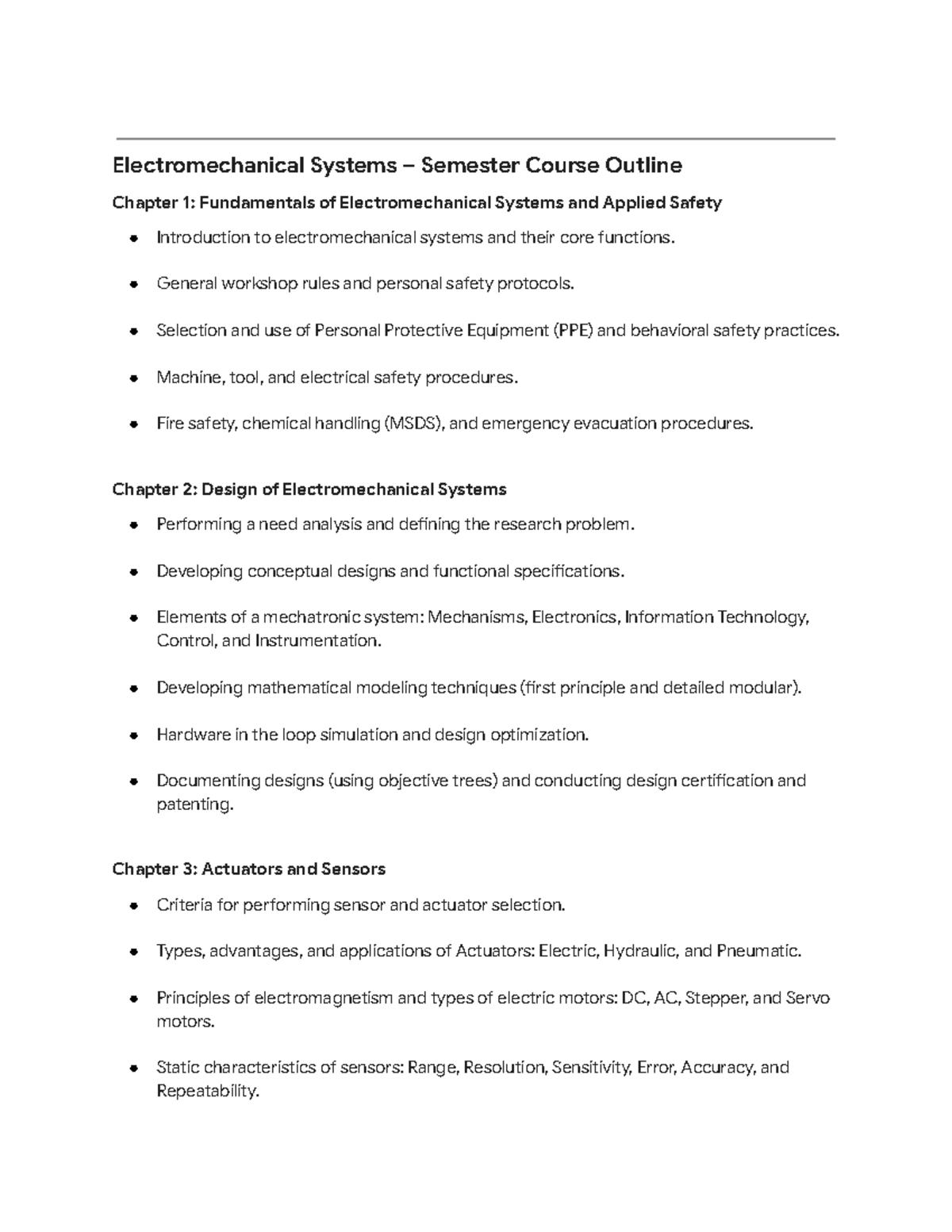Electromechanical Systems (ENGR 101) Course Outline and Coverage - Studocu