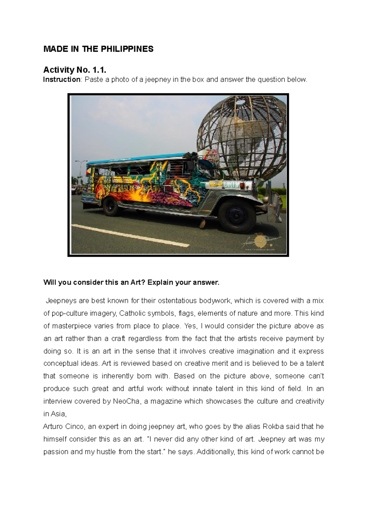 ART Appreciation - Activity No. 1.1: Jeepney as a Form of Art - Studocu