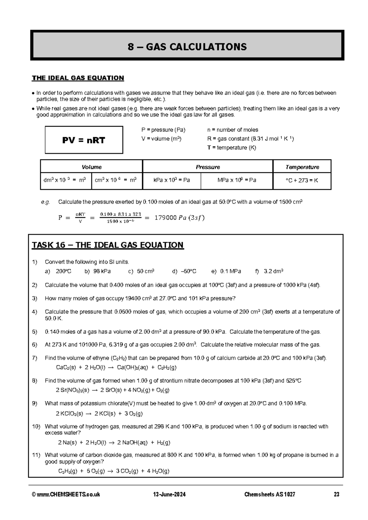 Gas Calculations: Ideal Gas Equation & Applications (CHEM 06) - Studocu