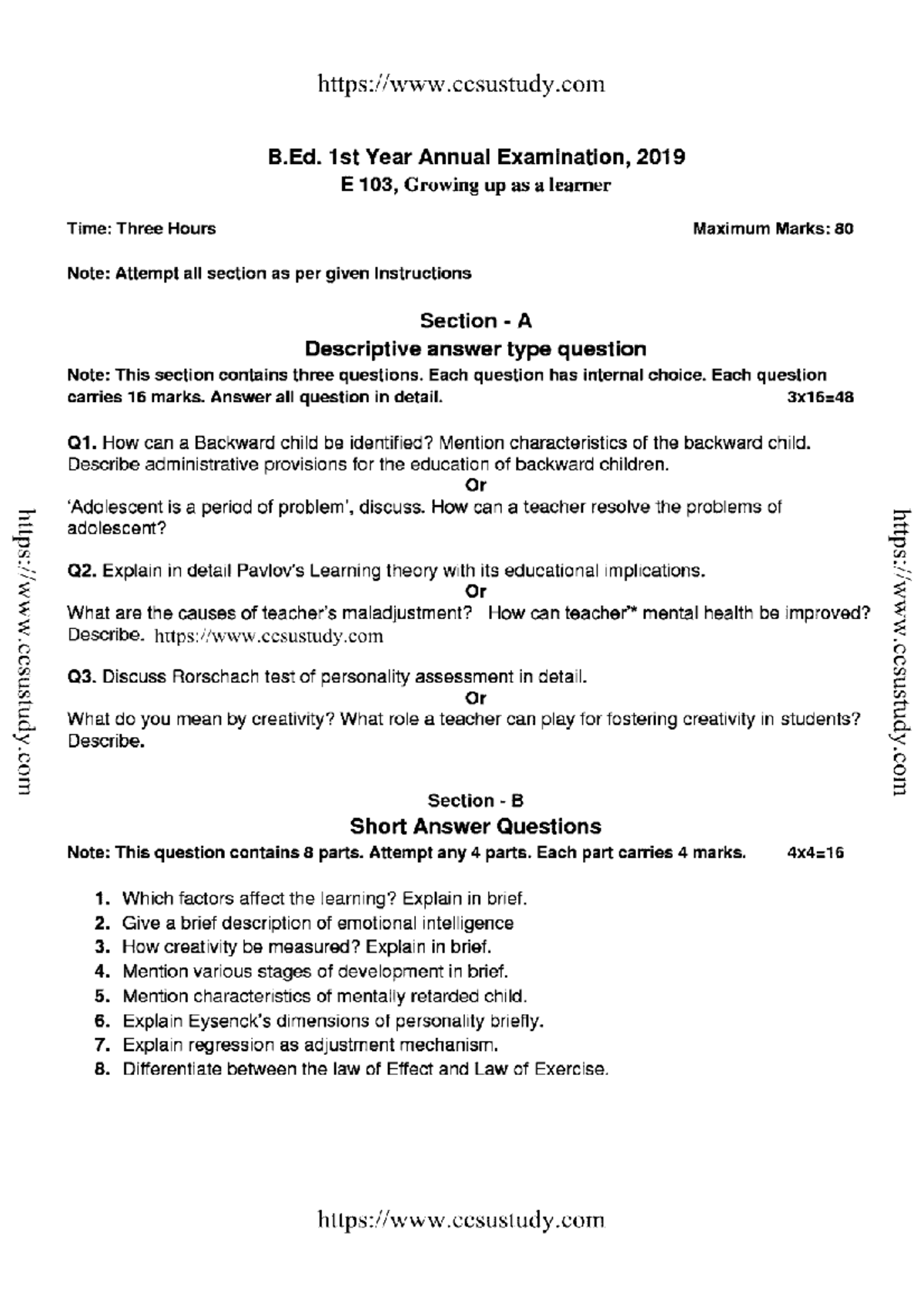 B.Ed. 1st Year Annual Exam 2019 E 103: Learner Development Insights ...