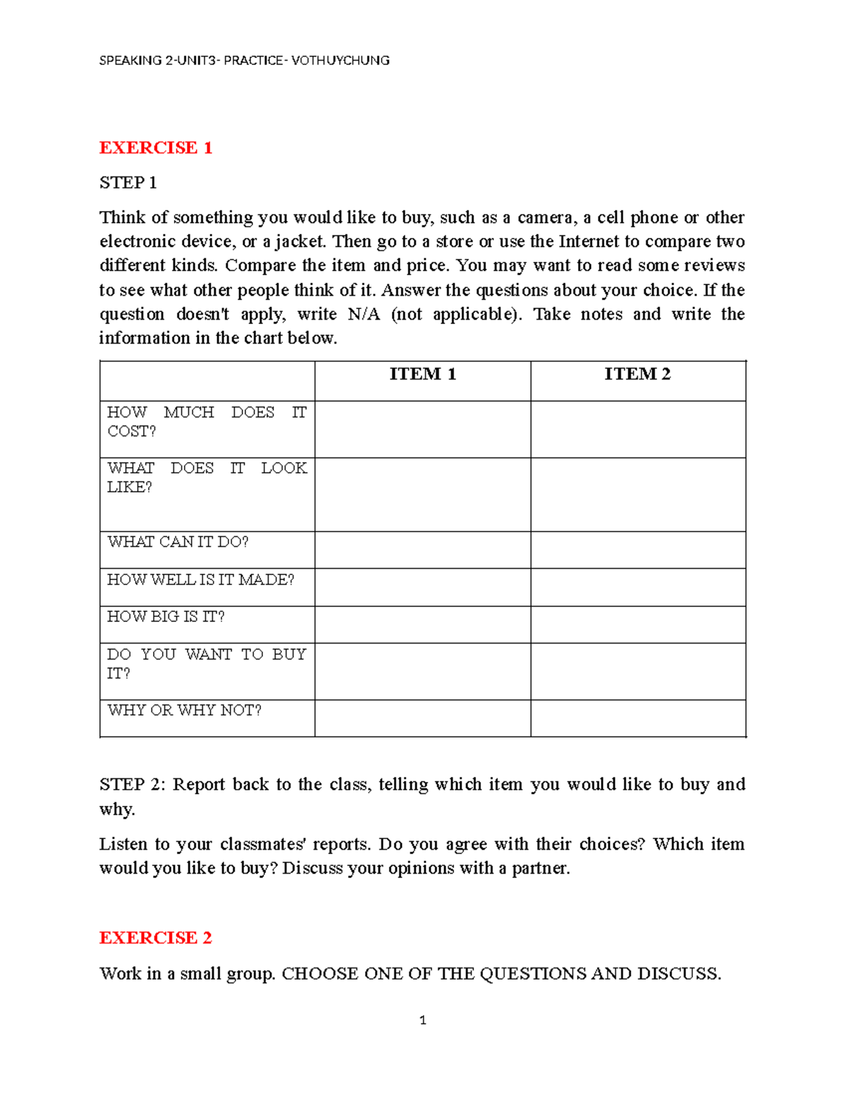 SPEAKING VOTHUYCHUNG EXERCISE 1 & 2: Item Comparison Practice - Studocu